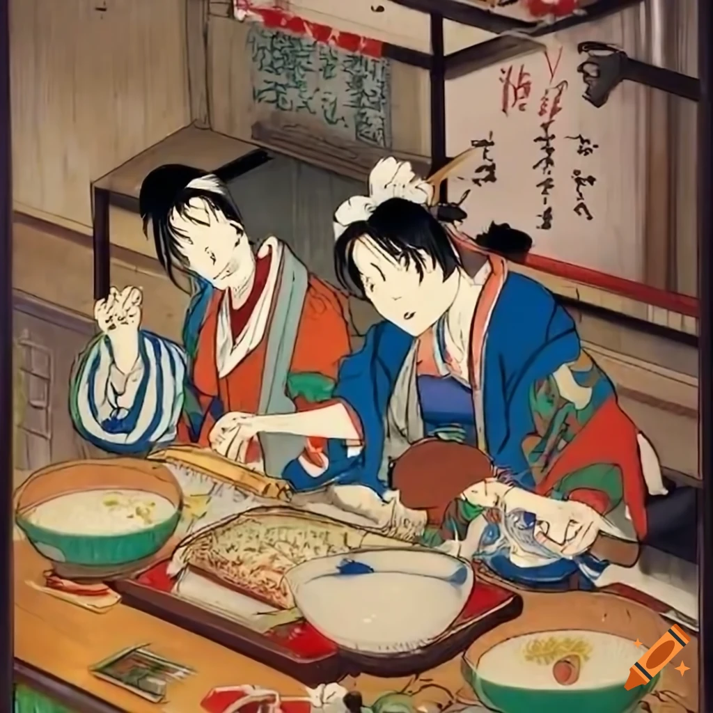 Ukiyo-e artwork of characters eating lunch at a nabe restaurant on Craiyon