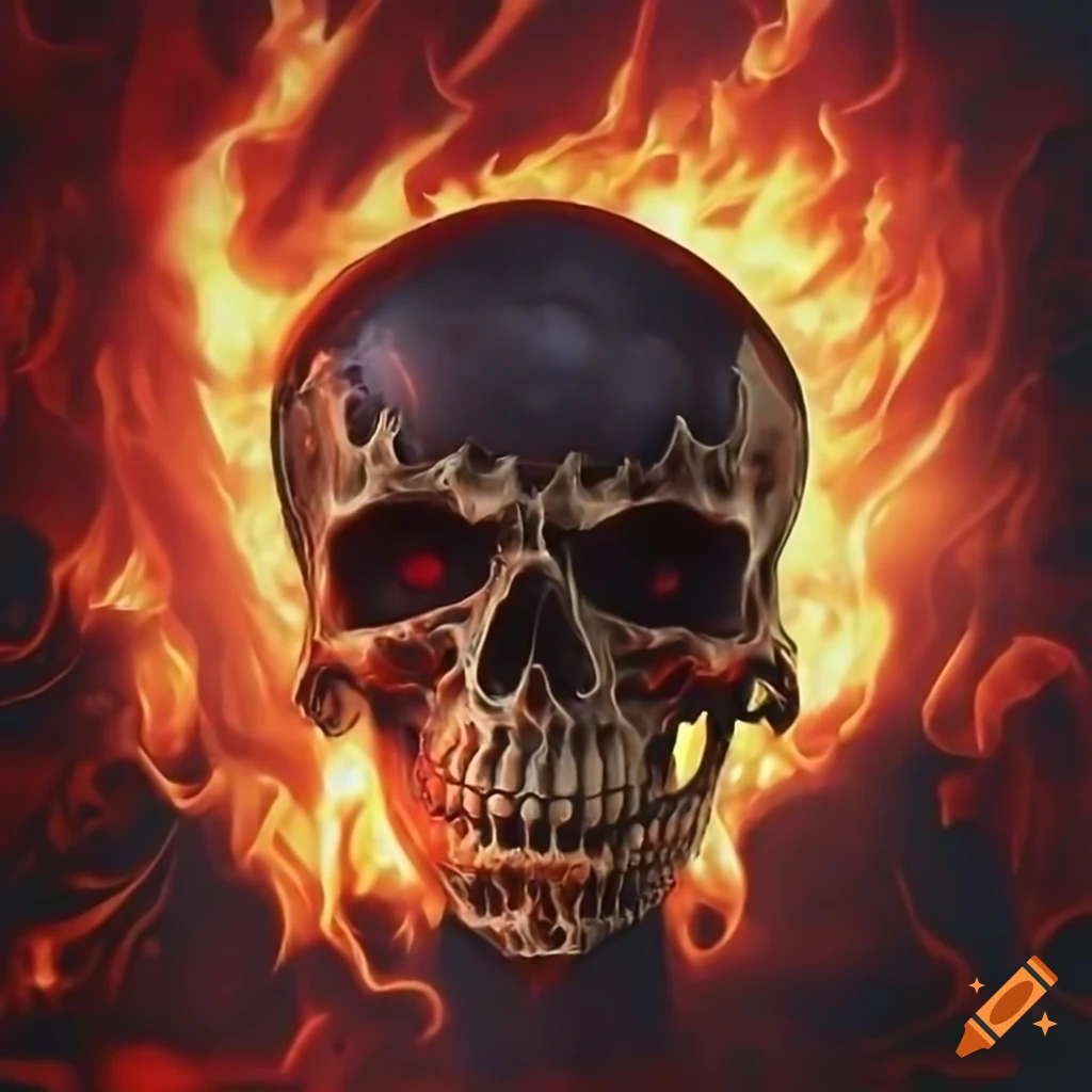 Highly detailed metal album cover with a fiery skull surrounded by ...