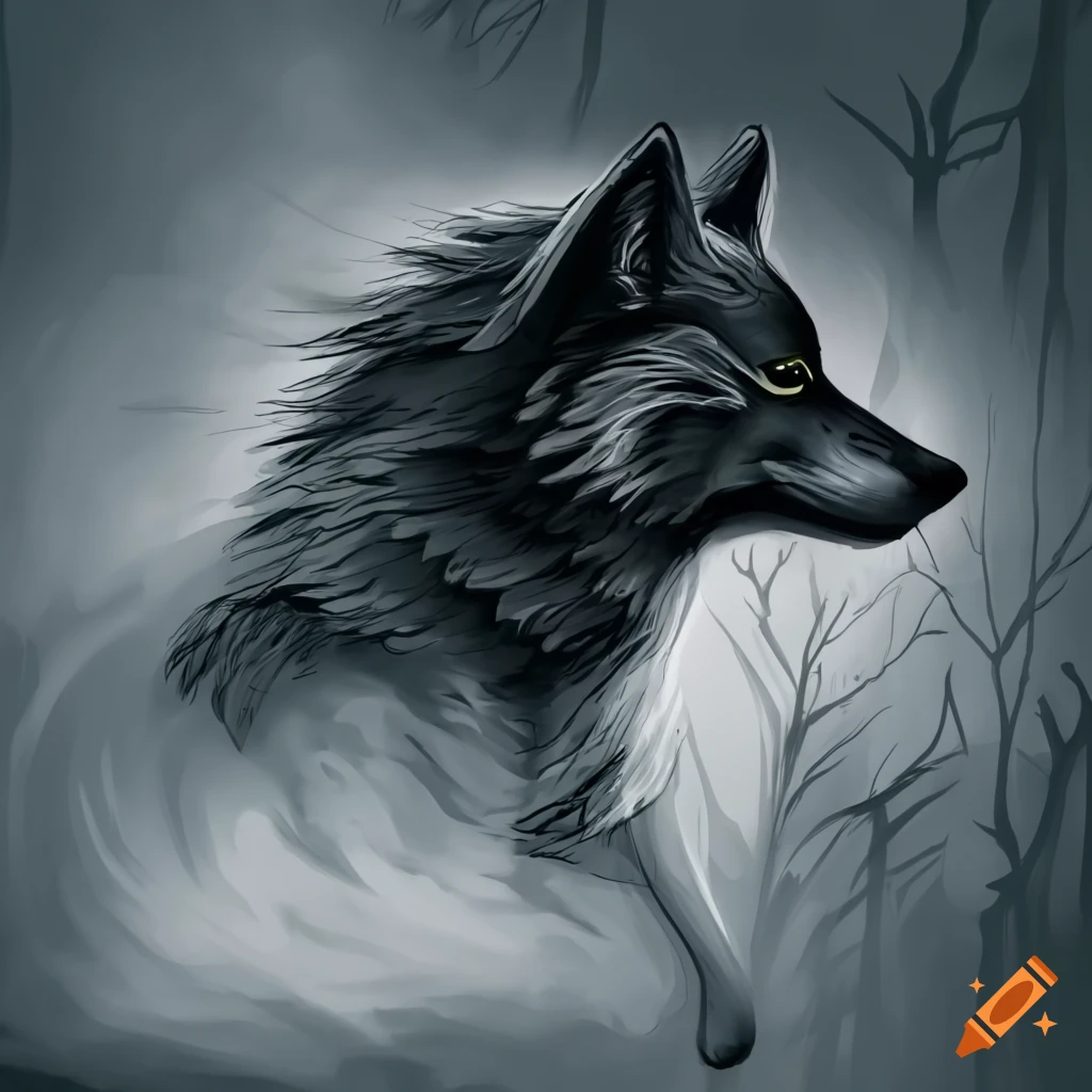 Detailed abstract drawing of a running mythical wolf on Craiyon
