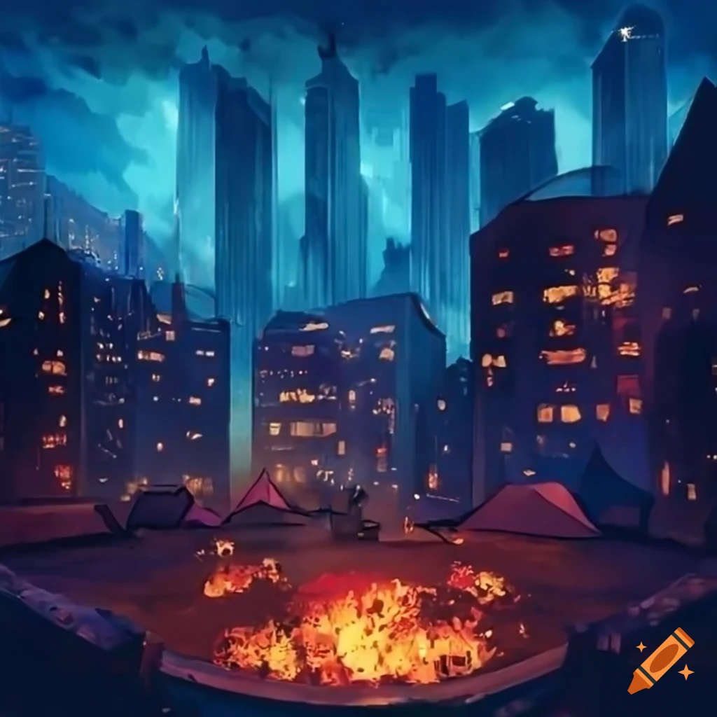 Night scene with fire in a barrel surrounded by skyscrapers and ...
