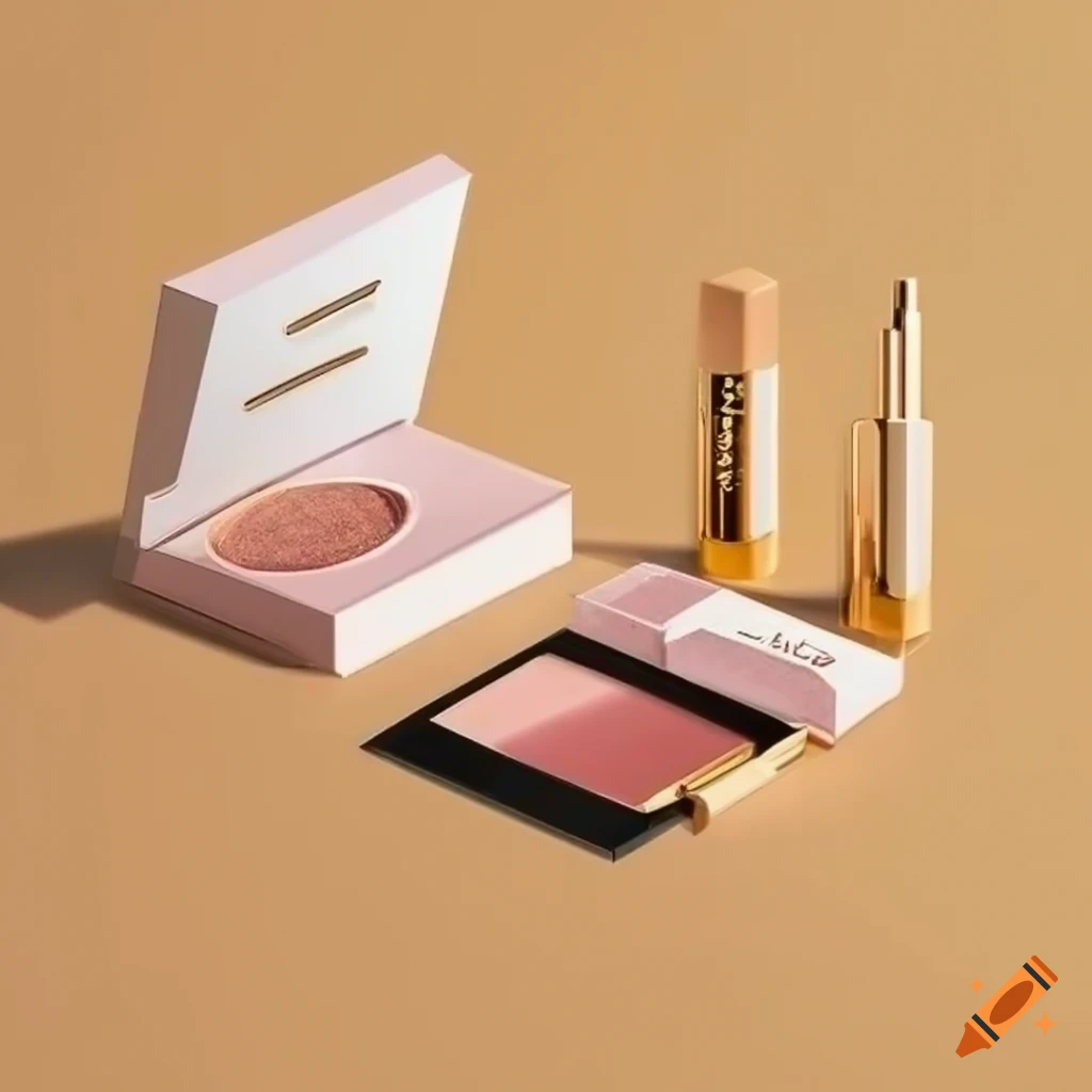 Isometric view of minimalist gold makeup cosmetics on Craiyon