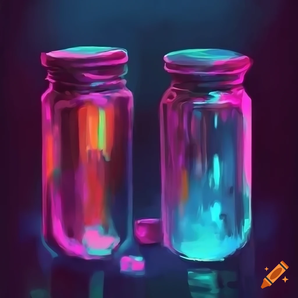 Vibrant acrylic painting of empty jars and plants on Craiyon