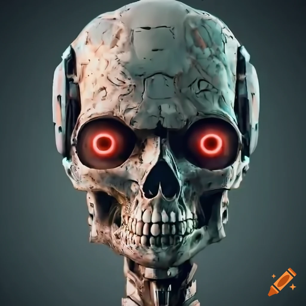 Dystopian cityscape with a skull robot on Craiyon