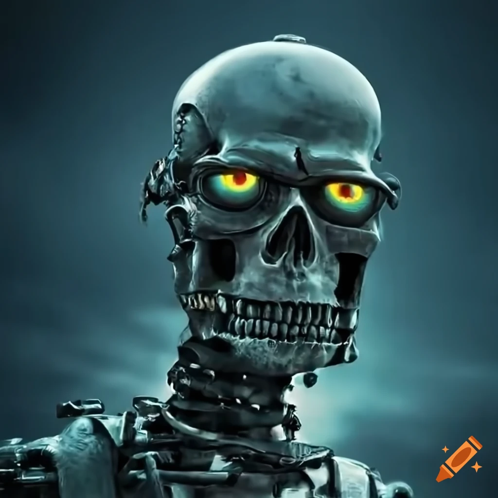 Metal skull robot in a dystopian city on Craiyon