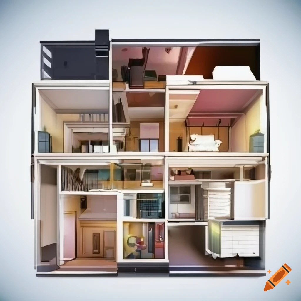 Detailed illustration of a fully furnished two-story house on Craiyon