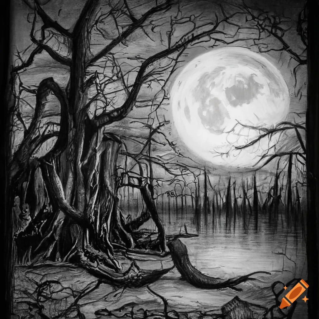 Moonlit pencil drawing of a dark swamp on Craiyon