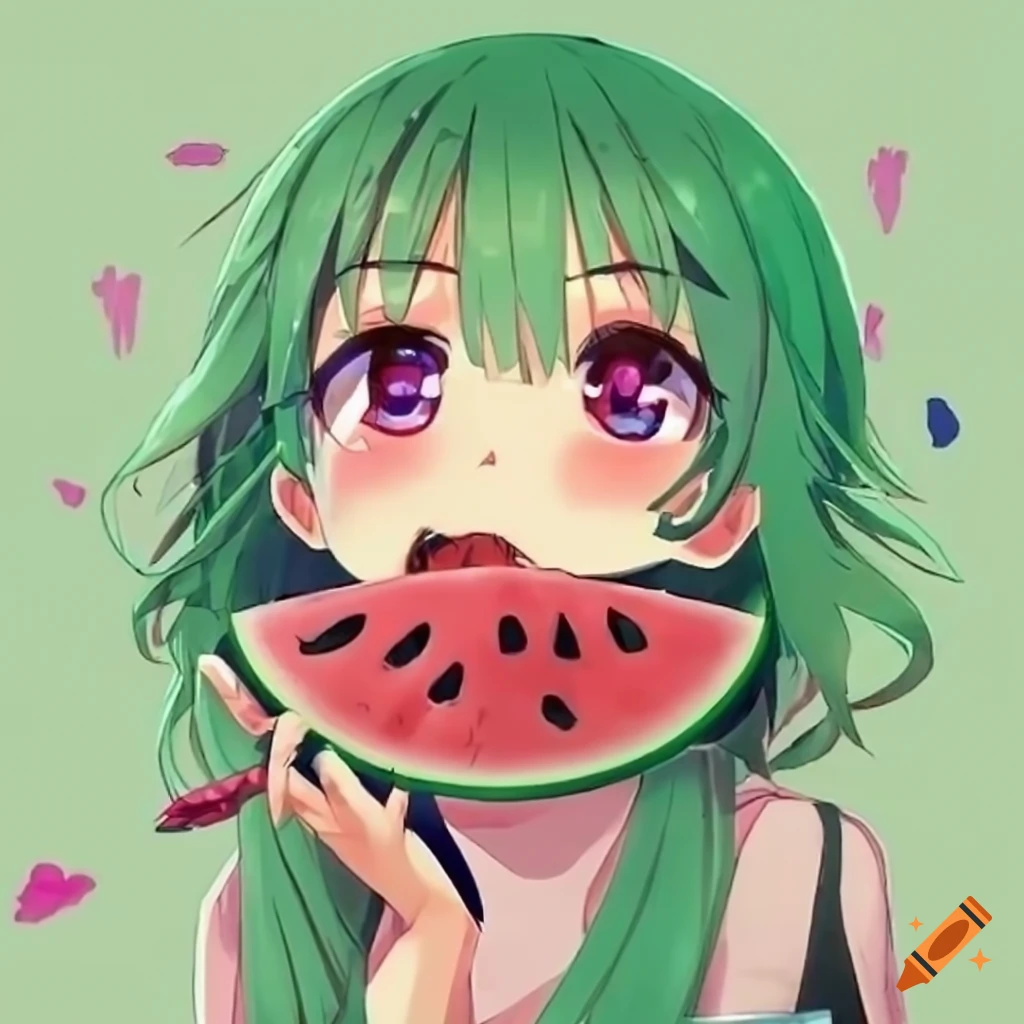 Chibi anime character eating watermelon on Craiyon