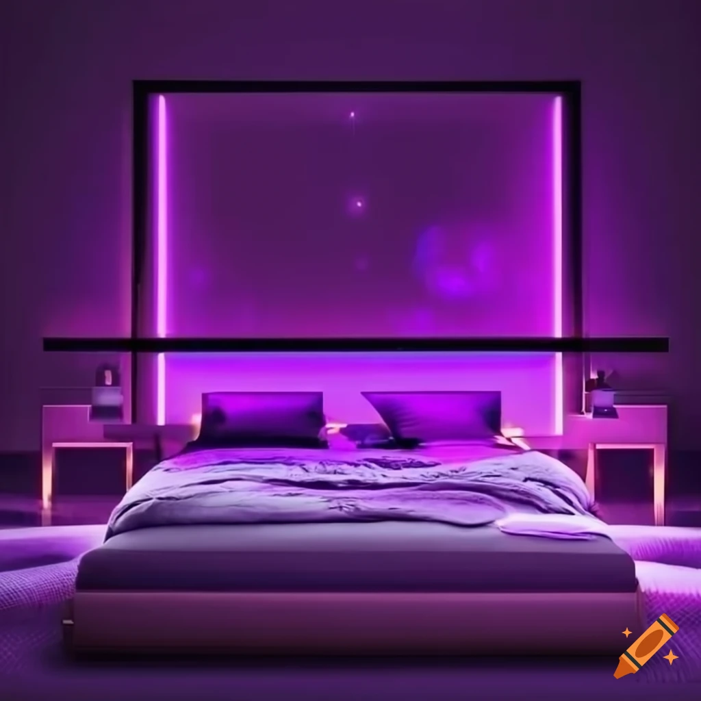 Sleek modern bedroom with vibrant purple lights on Craiyon