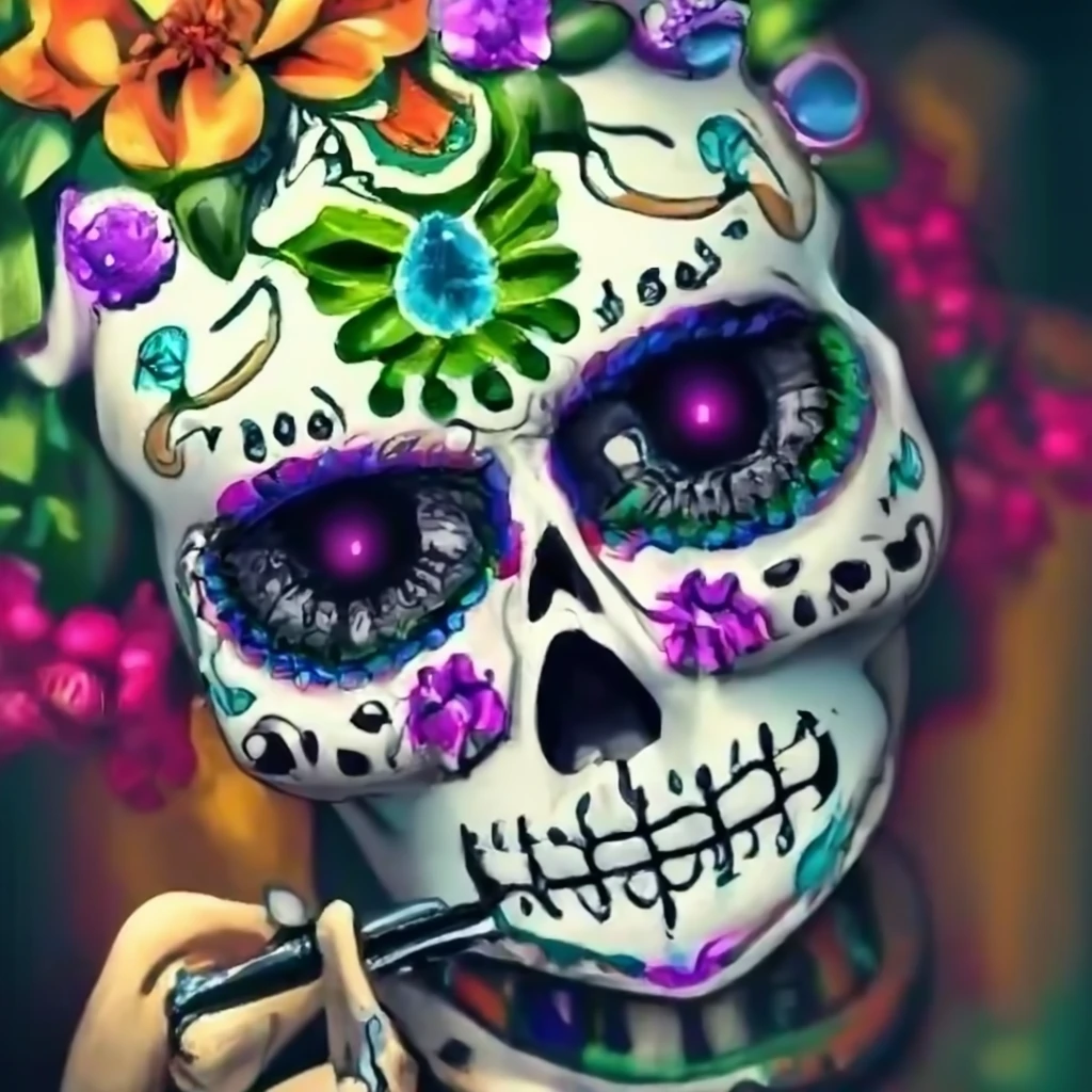 Sugar skull skeleton putting on lipstick on Craiyon