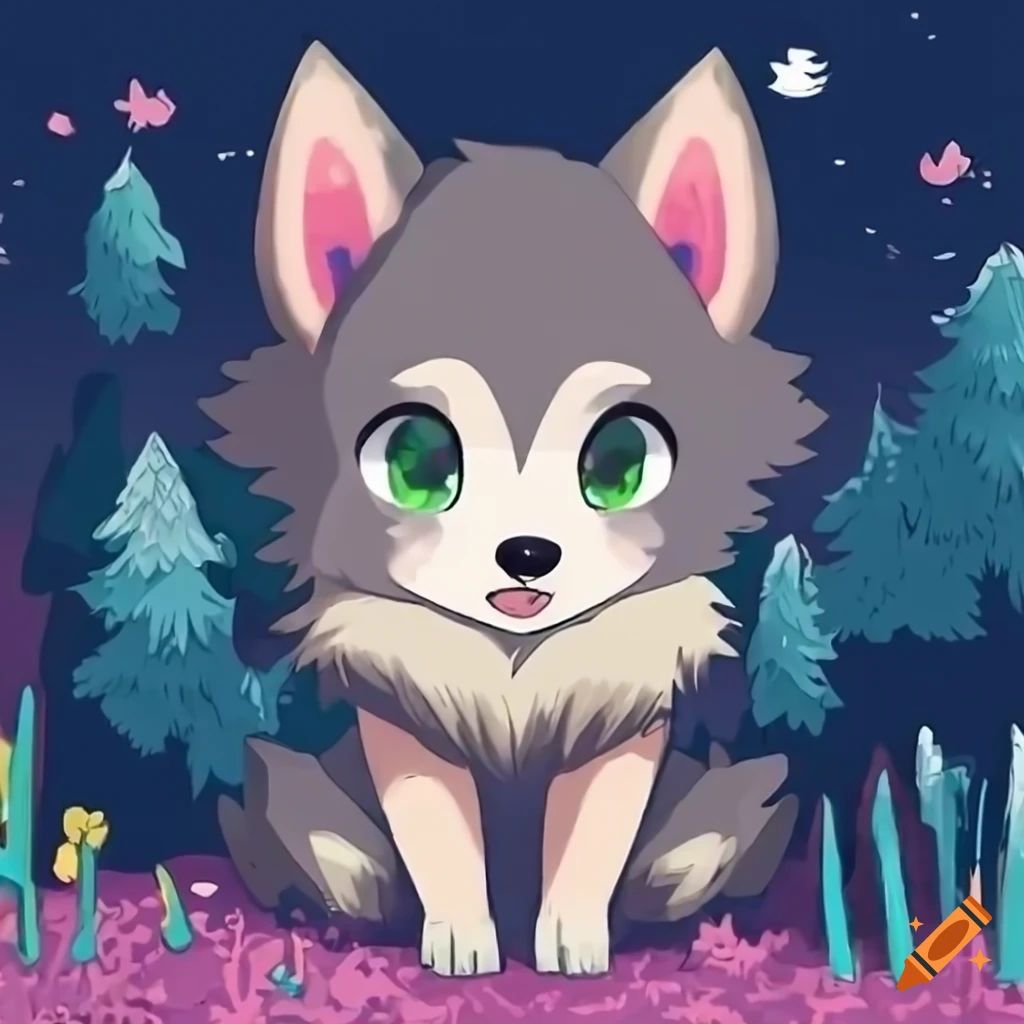 Chibi wolf in a scenic countryside on Craiyon