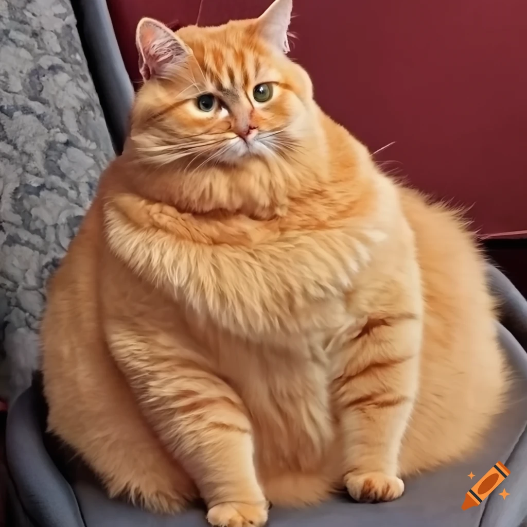 Funny image of an overweight fluffy cat sitting on a chair on Craiyon