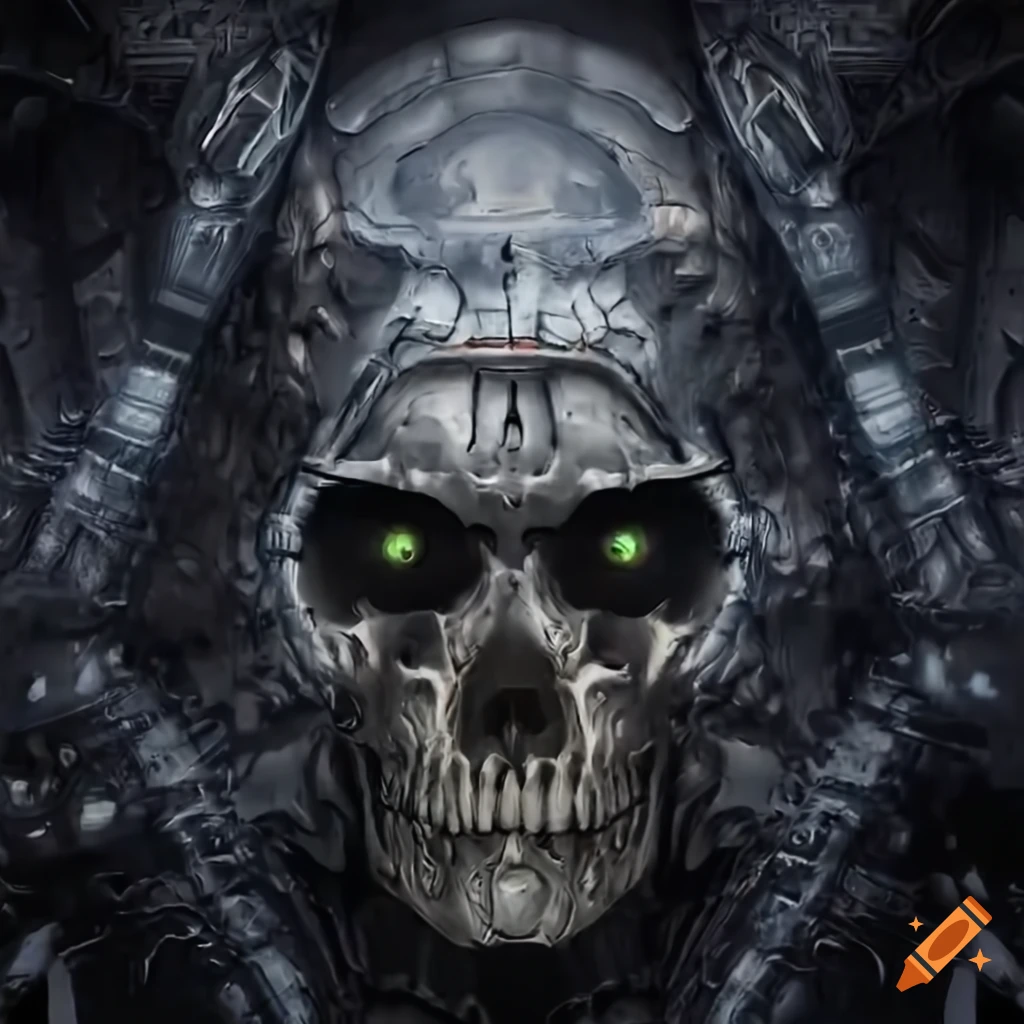 Highly detailed symmetrical skull robot in a futuristic city on Craiyon