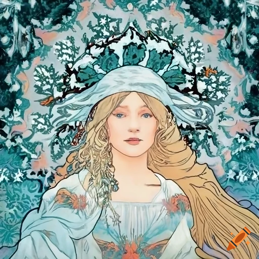 Artistic Christmas landscape with snowflakes in Alphonse Mucha style on ...