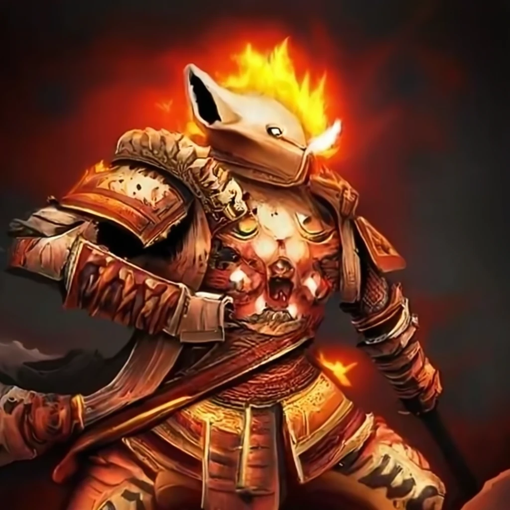 Image of a warrior with fiery fox armor on Craiyon