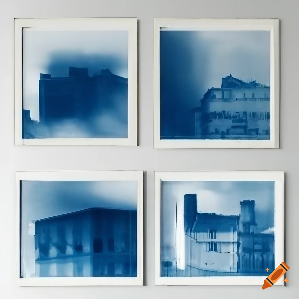 Cyanotype of three white buildings in a foggy city on Craiyon