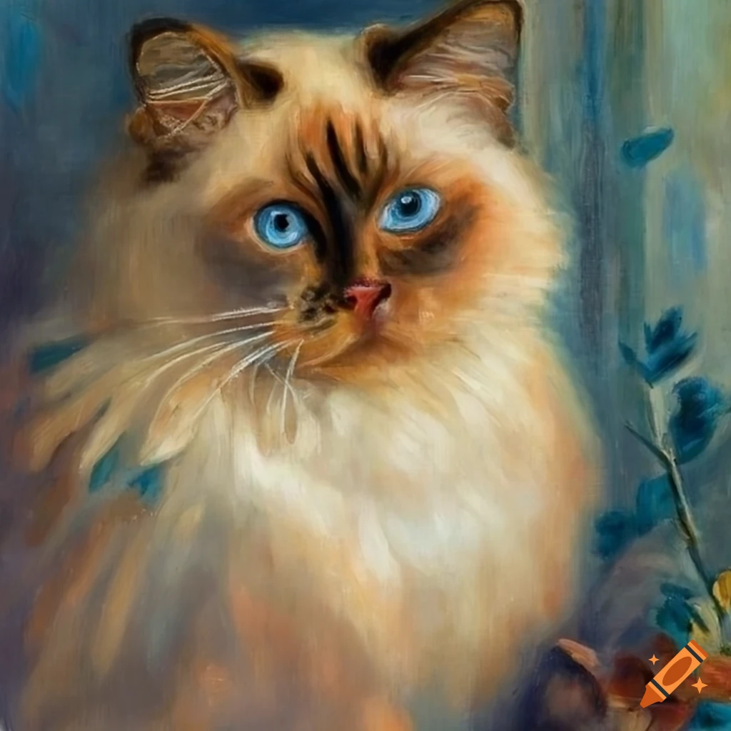 Painting of a birman cat looking at a bird outside the window on Craiyon