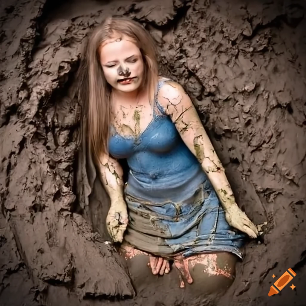 Woman in denim skirt covered in mud on Craiyon