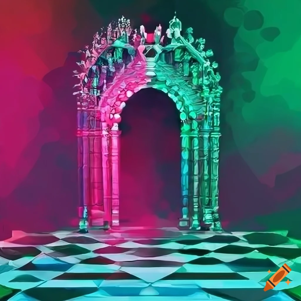Colorful chess board with wedding heart arch on Craiyon