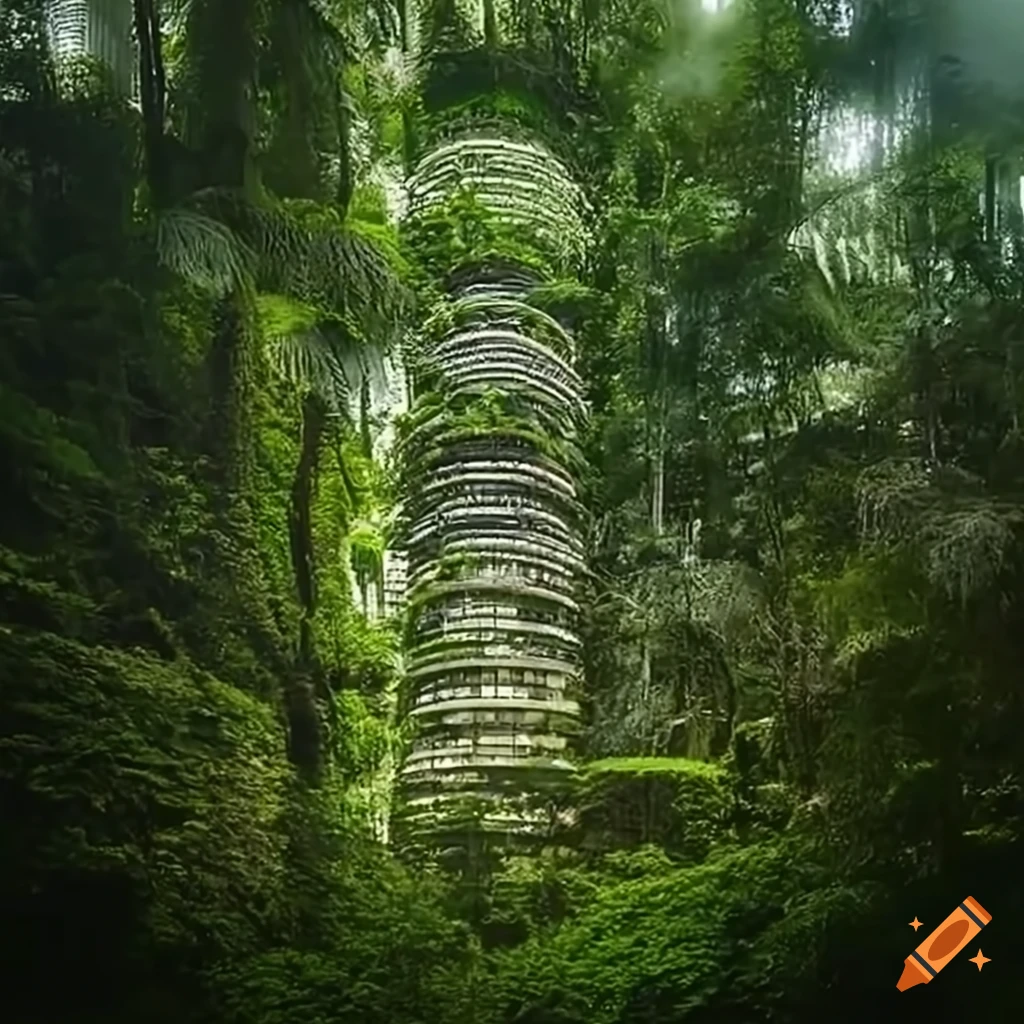 City skyline with buildings made of trees in a rainforest on Craiyon