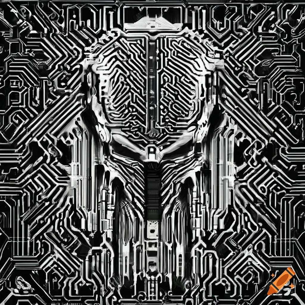 Abstract artwork with Predator's head in circuit board design on Craiyon