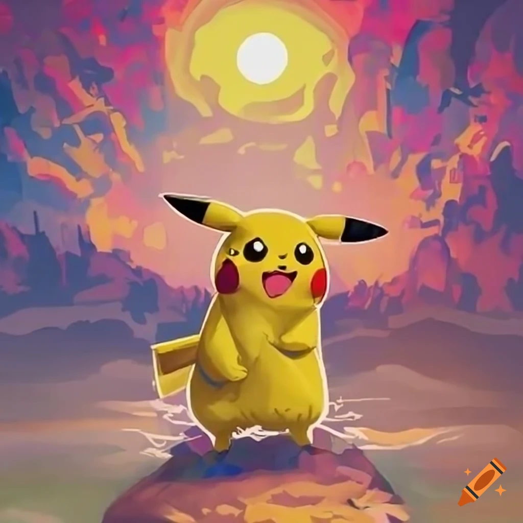 Vibrant anime artwork of pikachu at sunrise on Craiyon