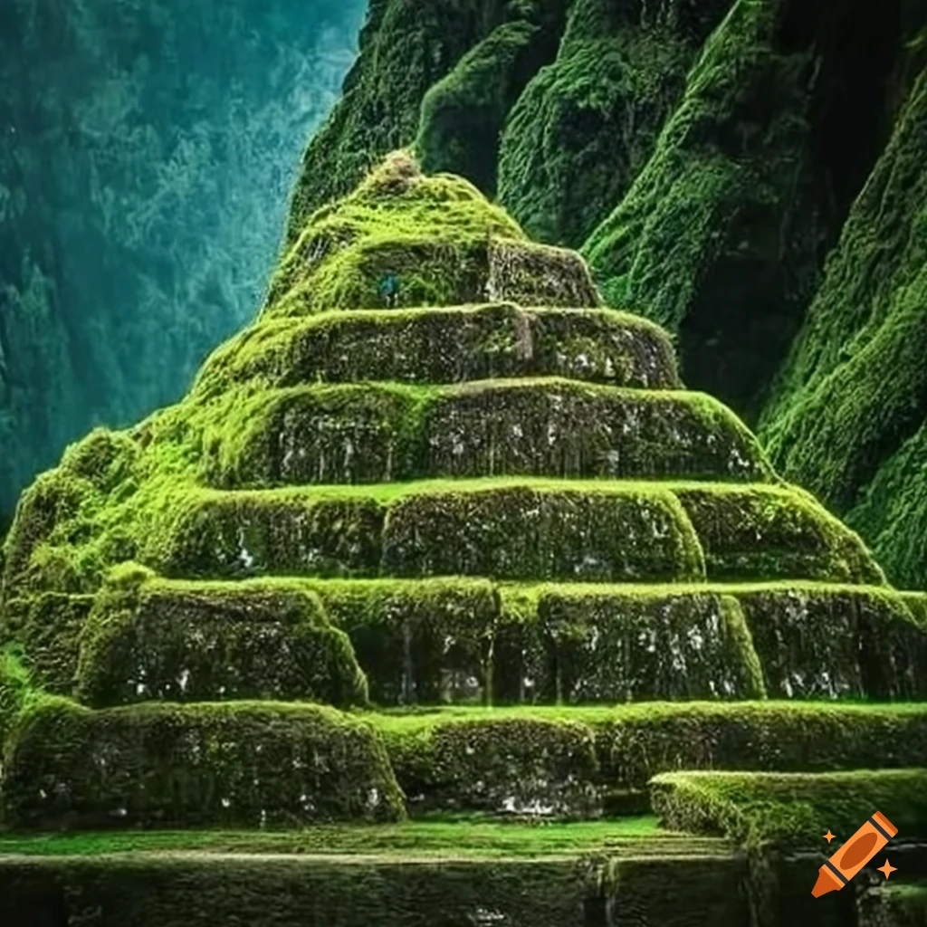 Moss-covered Inca pyramid in a rainforest on Craiyon