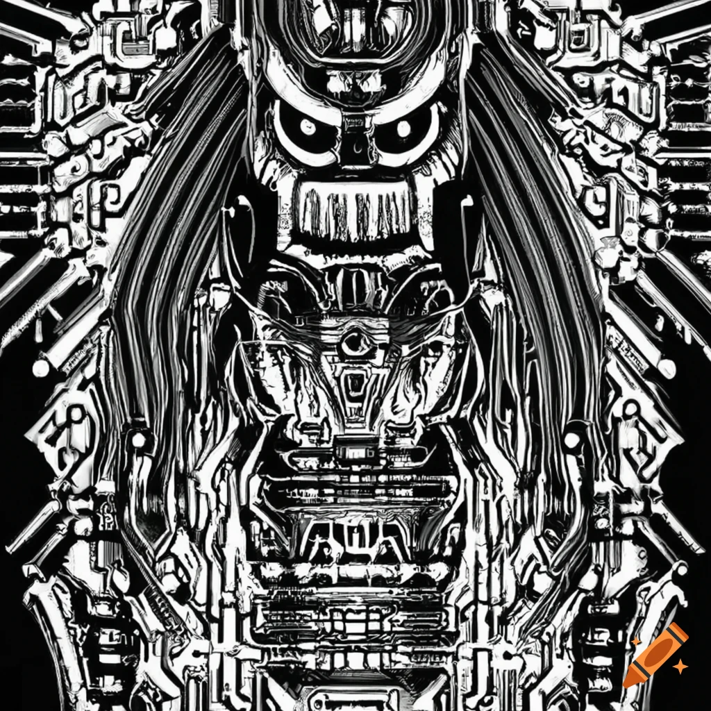 Black and white illustration of Yautja Predator mask on a printed ...