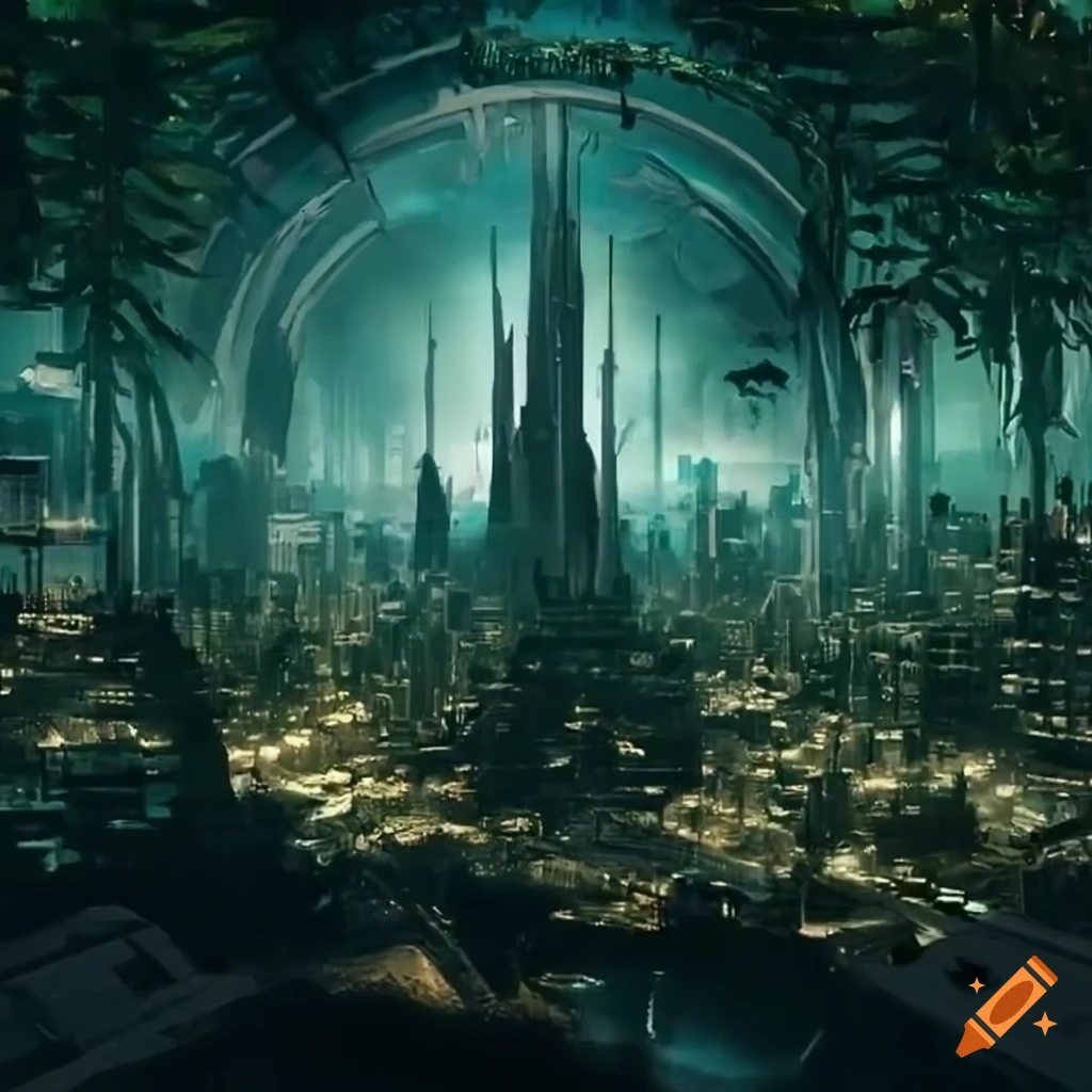 Science fiction jungle city landscape on Craiyon