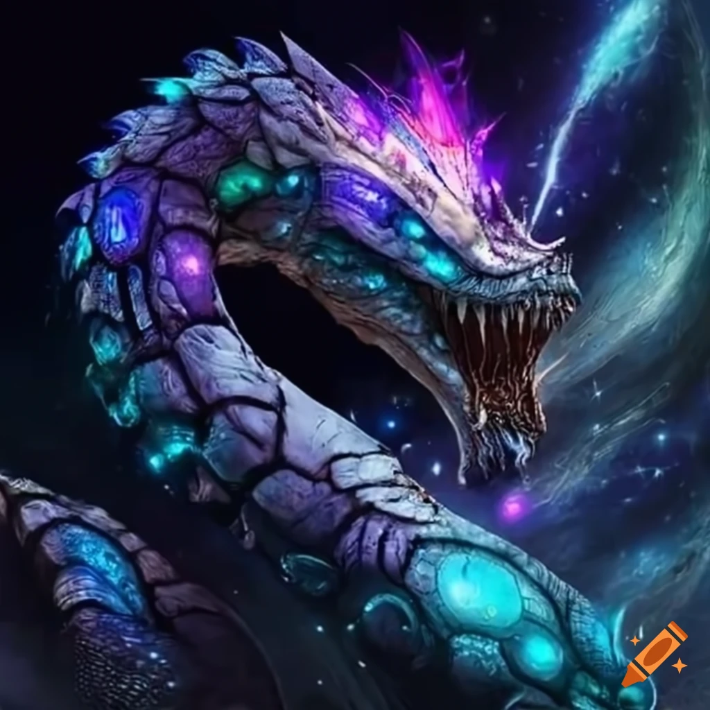 Illustration of a cosmic serpent with starry wings on Craiyon