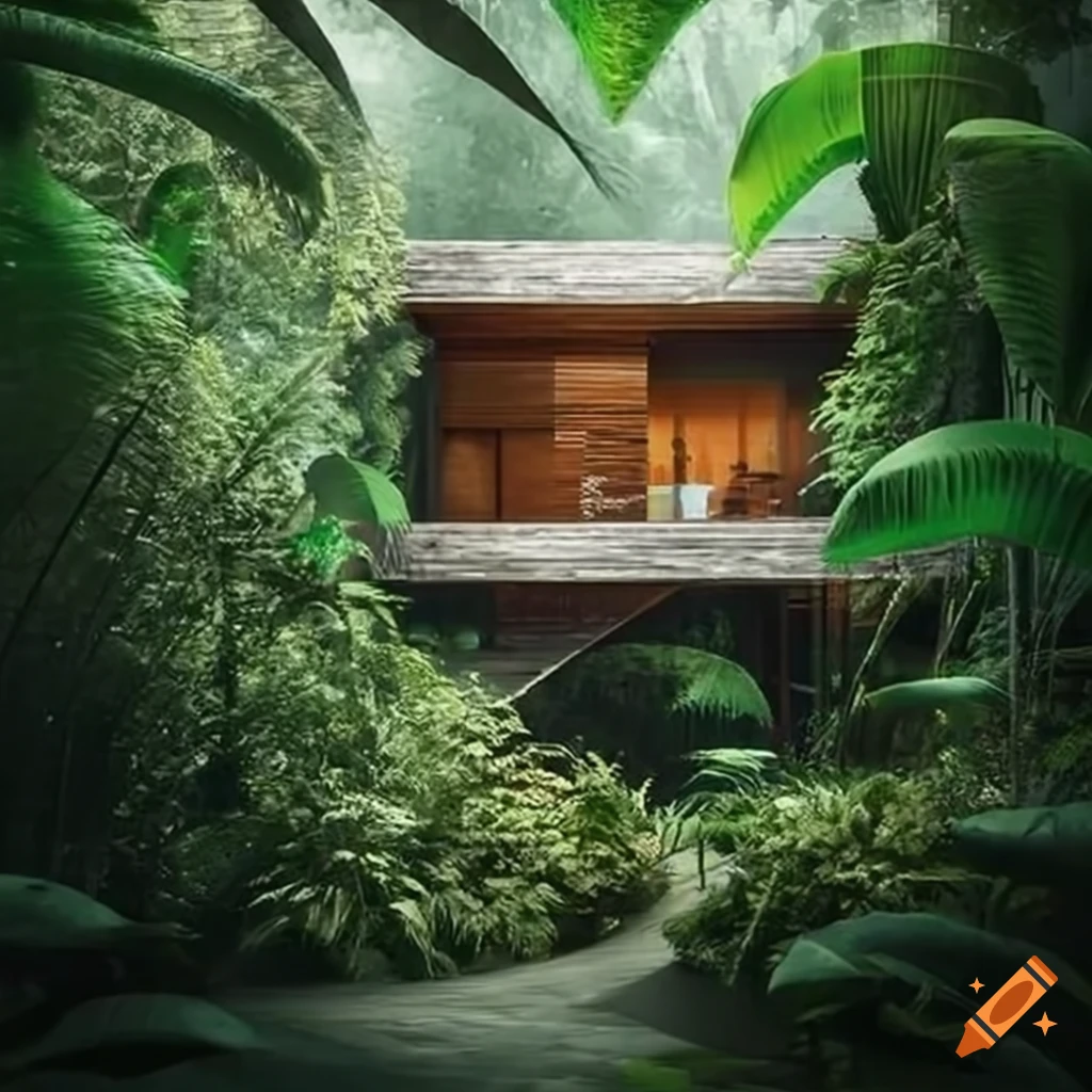 Modern house in the jungle surrounded by lush greenery on Craiyon