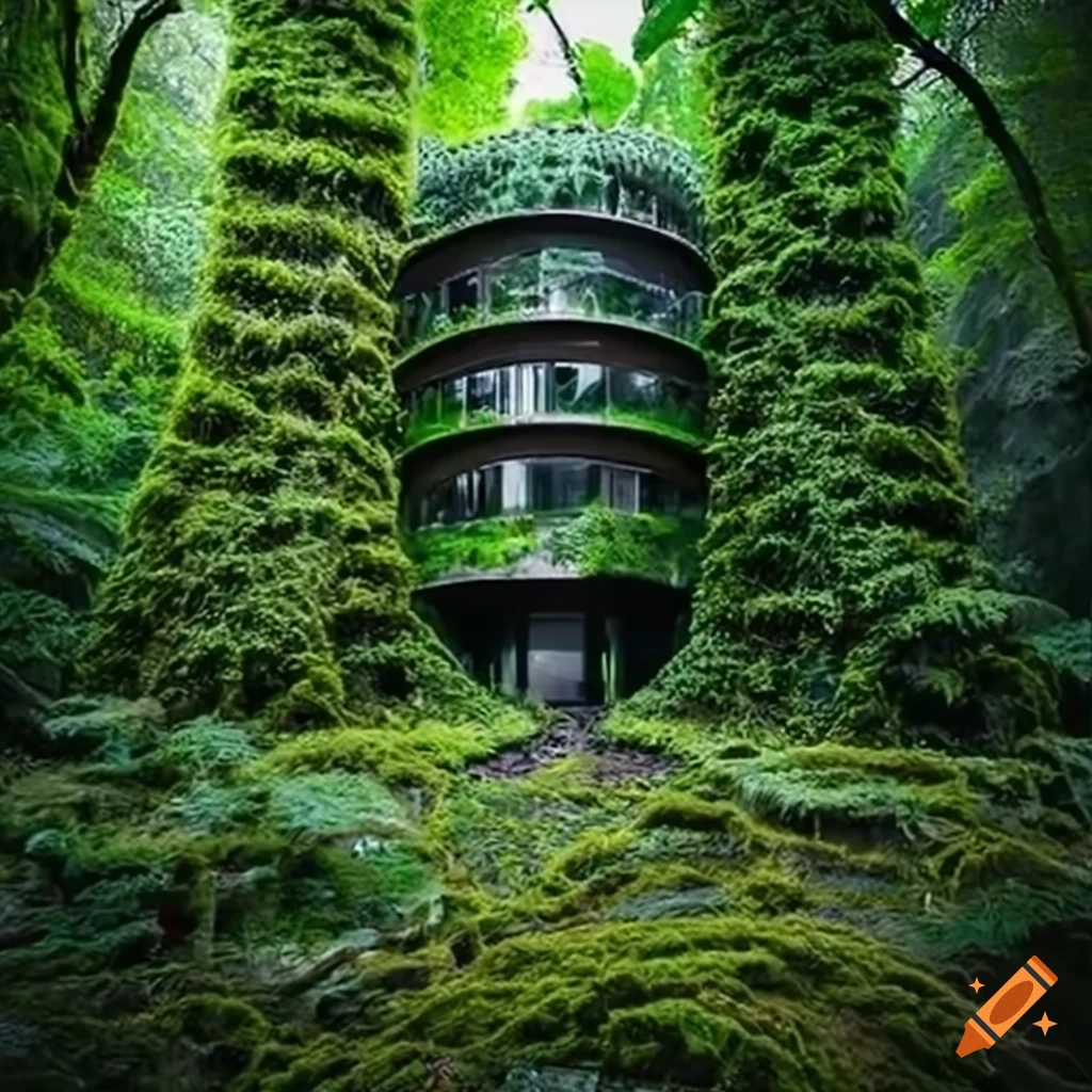 Futuristic building covered in moss and vines in a lush rainforest on ...