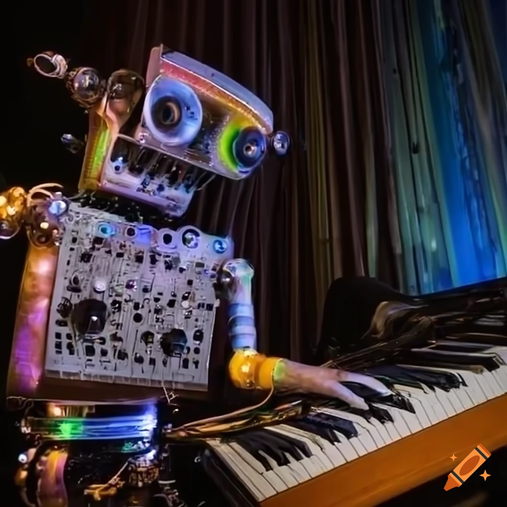 Robot playing a modular synthesizer with colorful lights