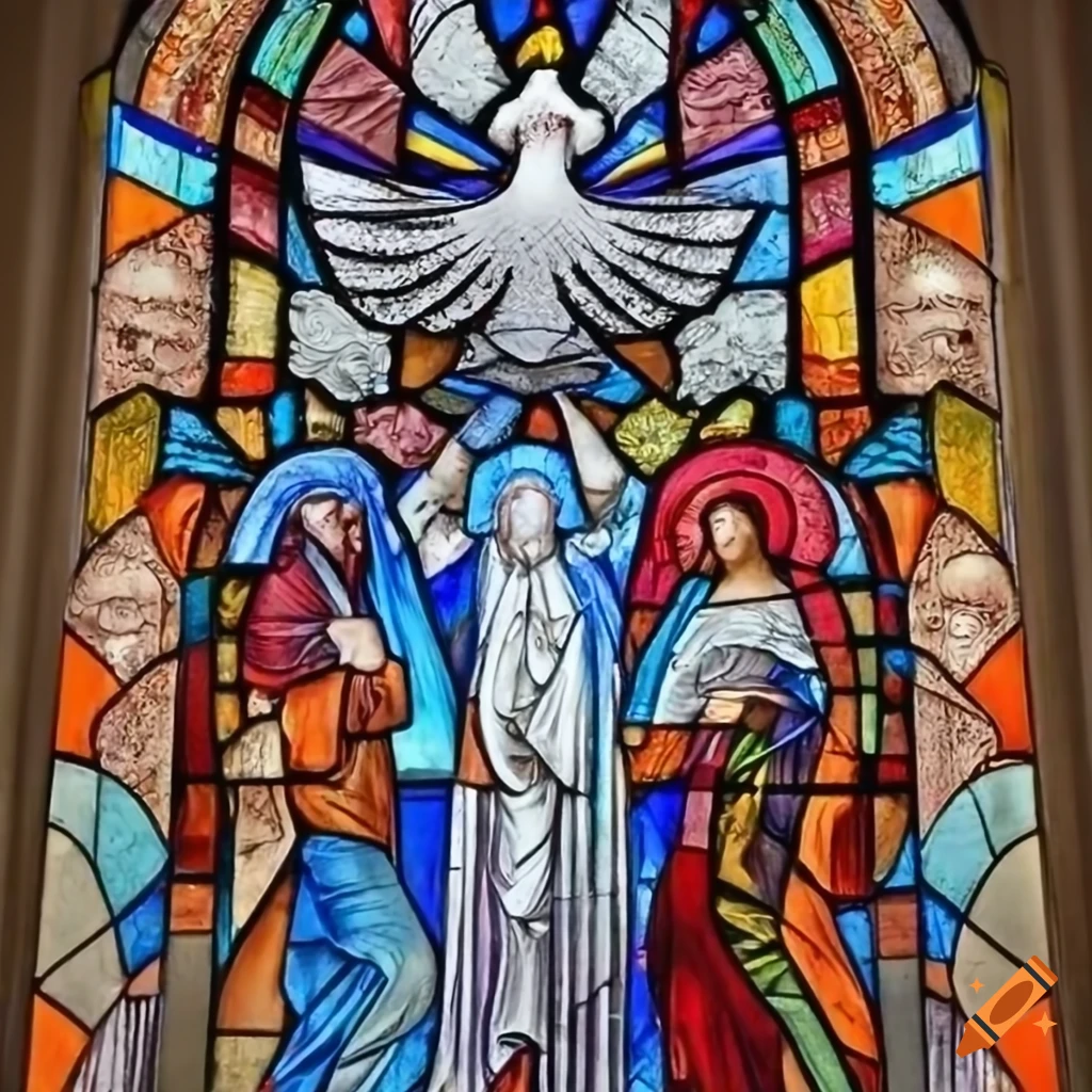 Stained glass window depicting the descent of the holy spirit on Craiyon