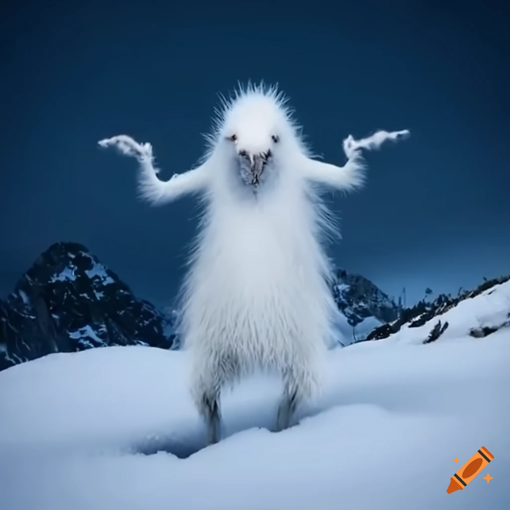 Mysterious white creature on snowy mountain peak on Craiyon