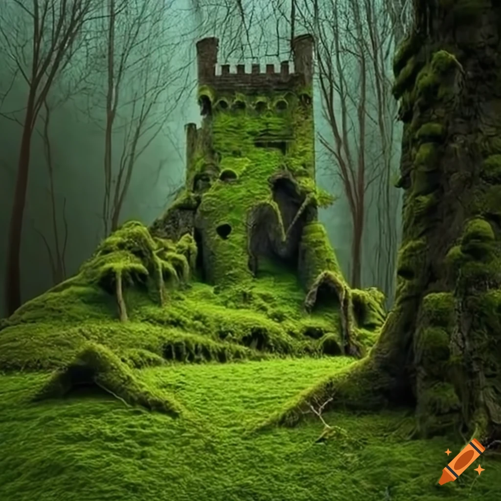 Moss-covered medieval fortress with tree trunk walls on Craiyon