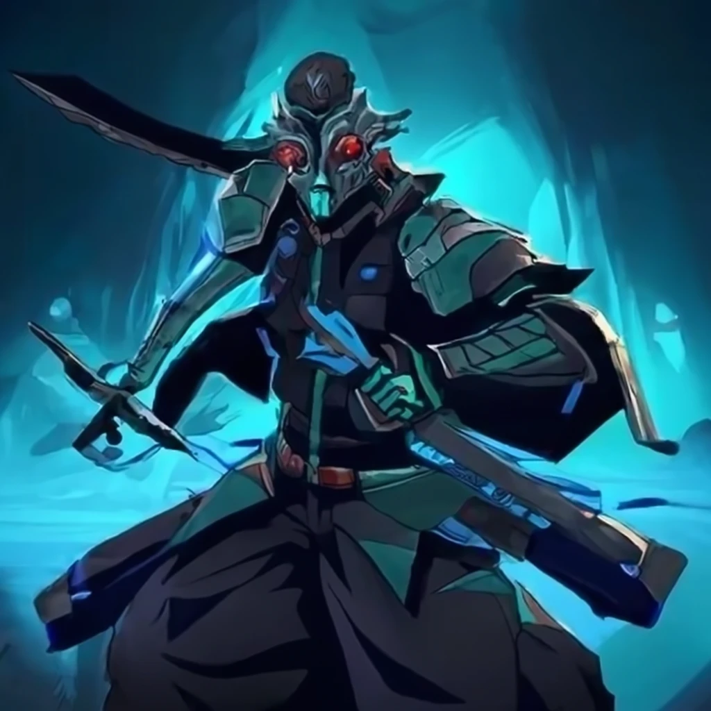 Futuristic ronin warrior in cyan armor