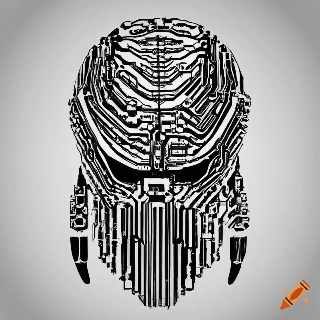 Black and white printed electronic circuit board illustration of Yautja ...