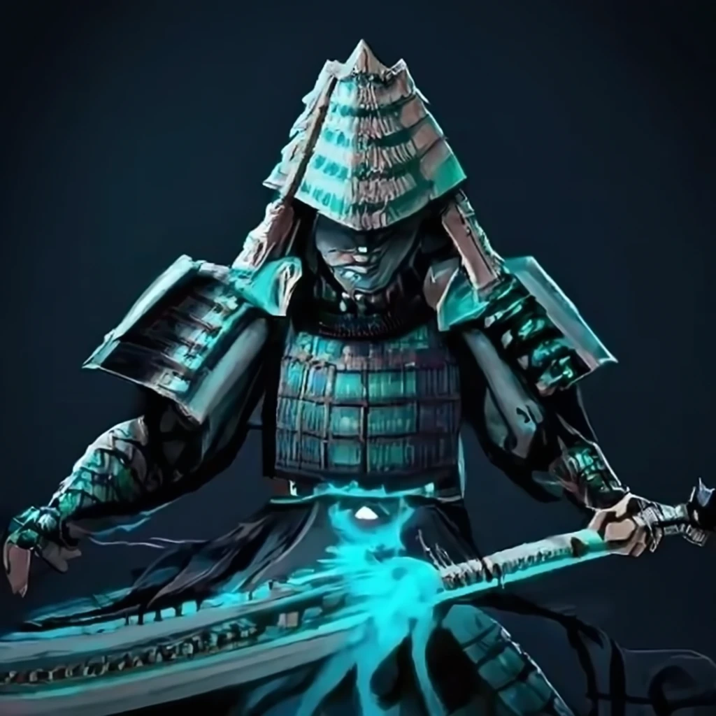 Art of a futuristic samurai warrior in cyan armor on Craiyon