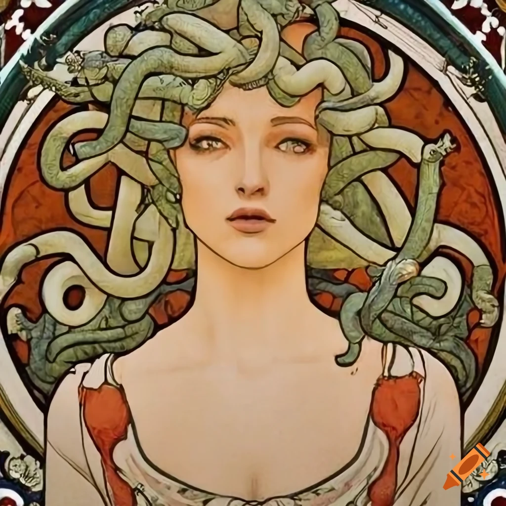 Alphonse Mucha's painting of Medusa on Craiyon