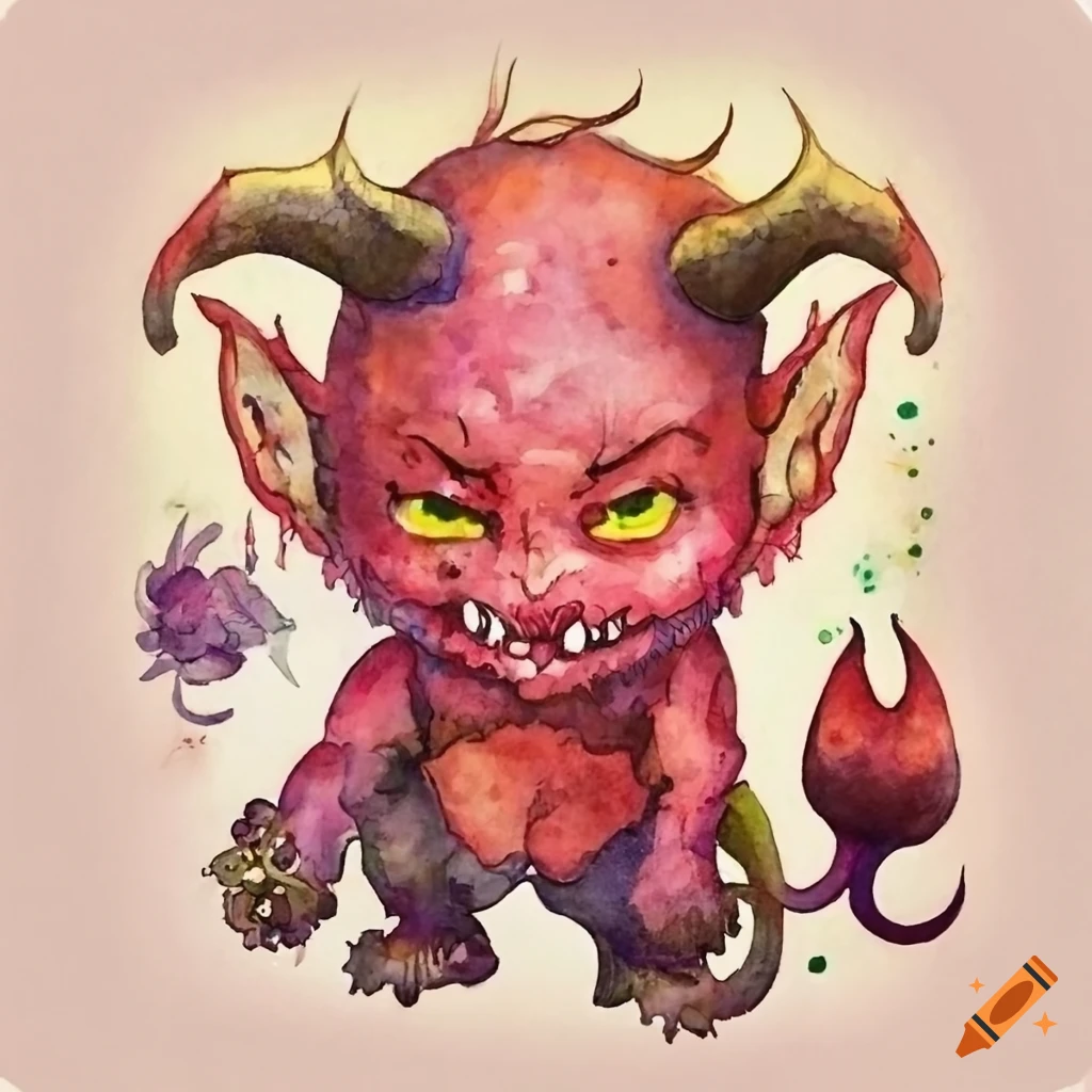Watercolor of a cute demon imp on Craiyon