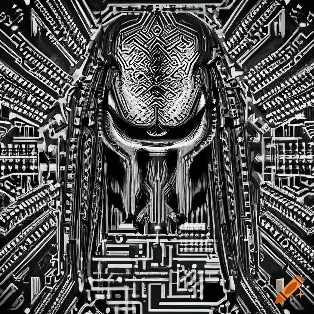 Futuristic artwork of predator's head in circuit board design on Craiyon