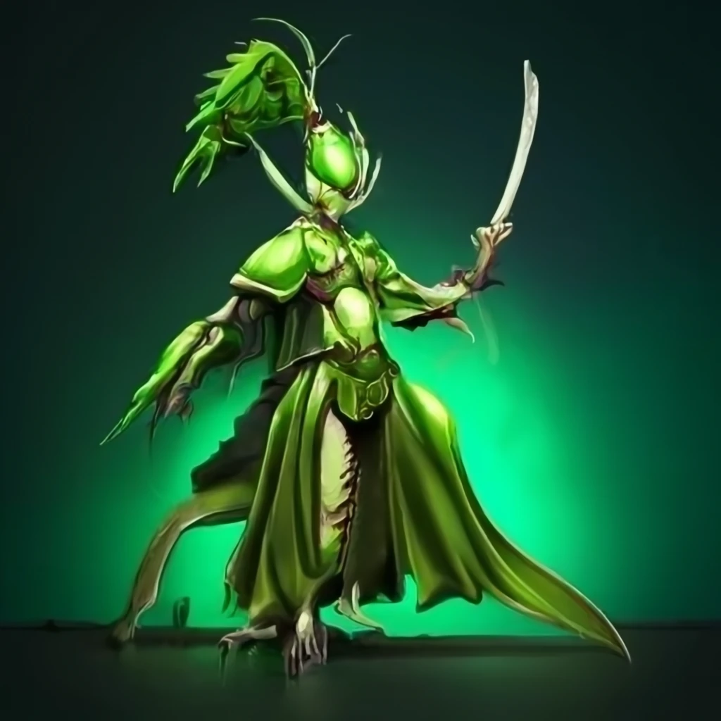 Lime green warrior in praying mantis armor artwork