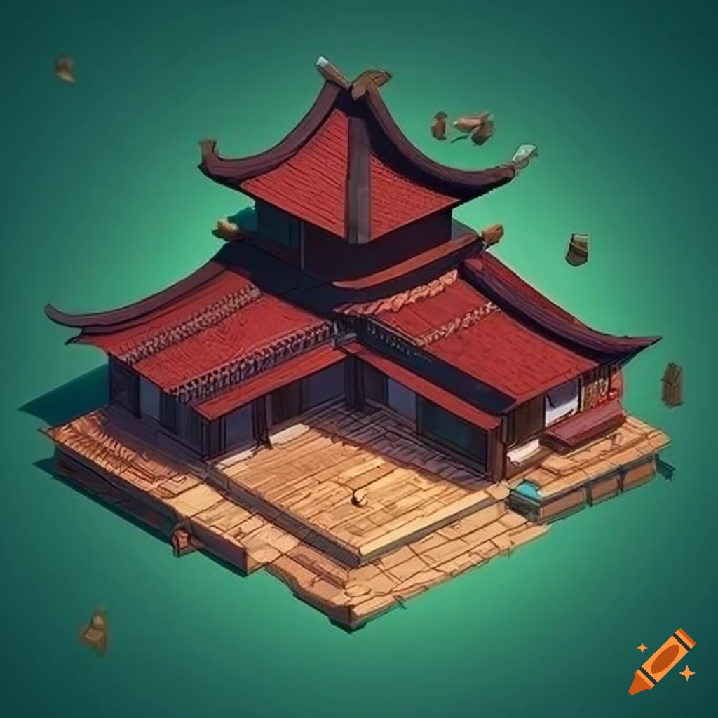 2d isometric game art of a samurai dojo with vibrant red roof tiles on ...