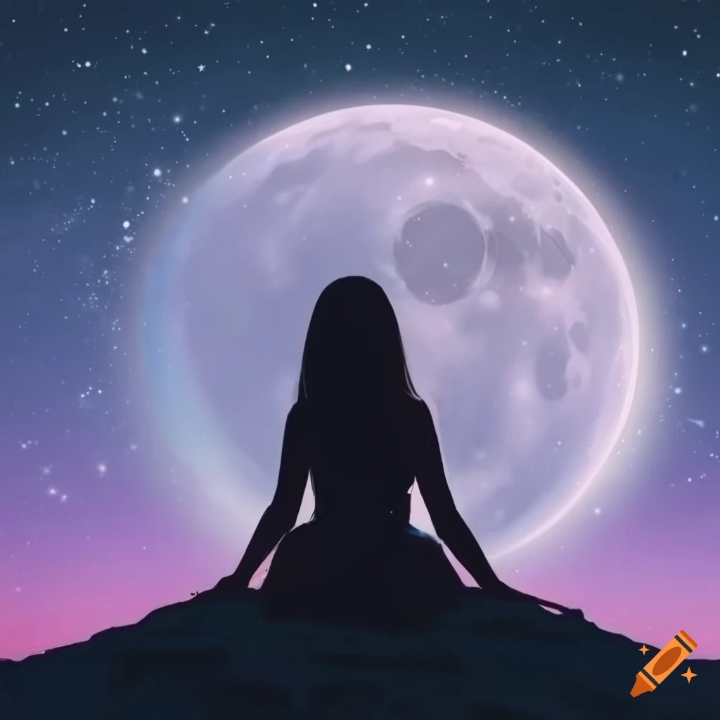 Artwork of a girl sitting on the moon with shooting stars on Craiyon