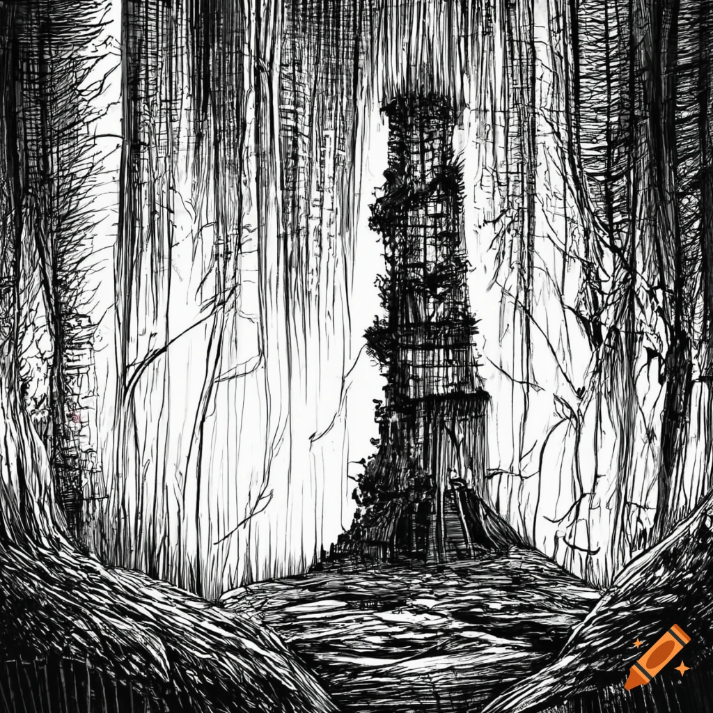 Black and white illustration of a tower in a forest on Craiyon