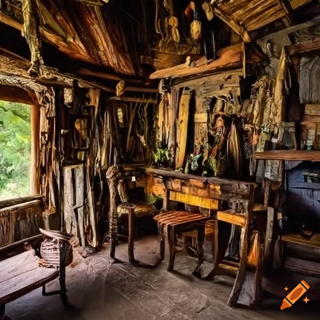 Detailed interior of a witch doctor's swamp shack on Craiyon
