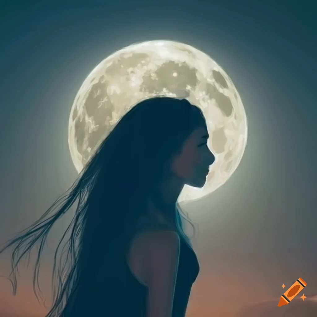 Woman looking at the moon with a melancholic expression on Craiyon