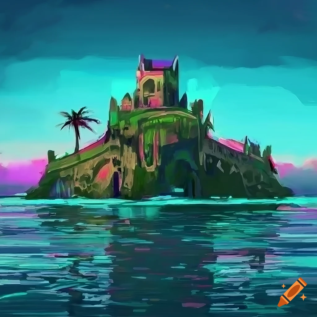 Digital painting of a vibrant tropical island with an abandoned castle ...