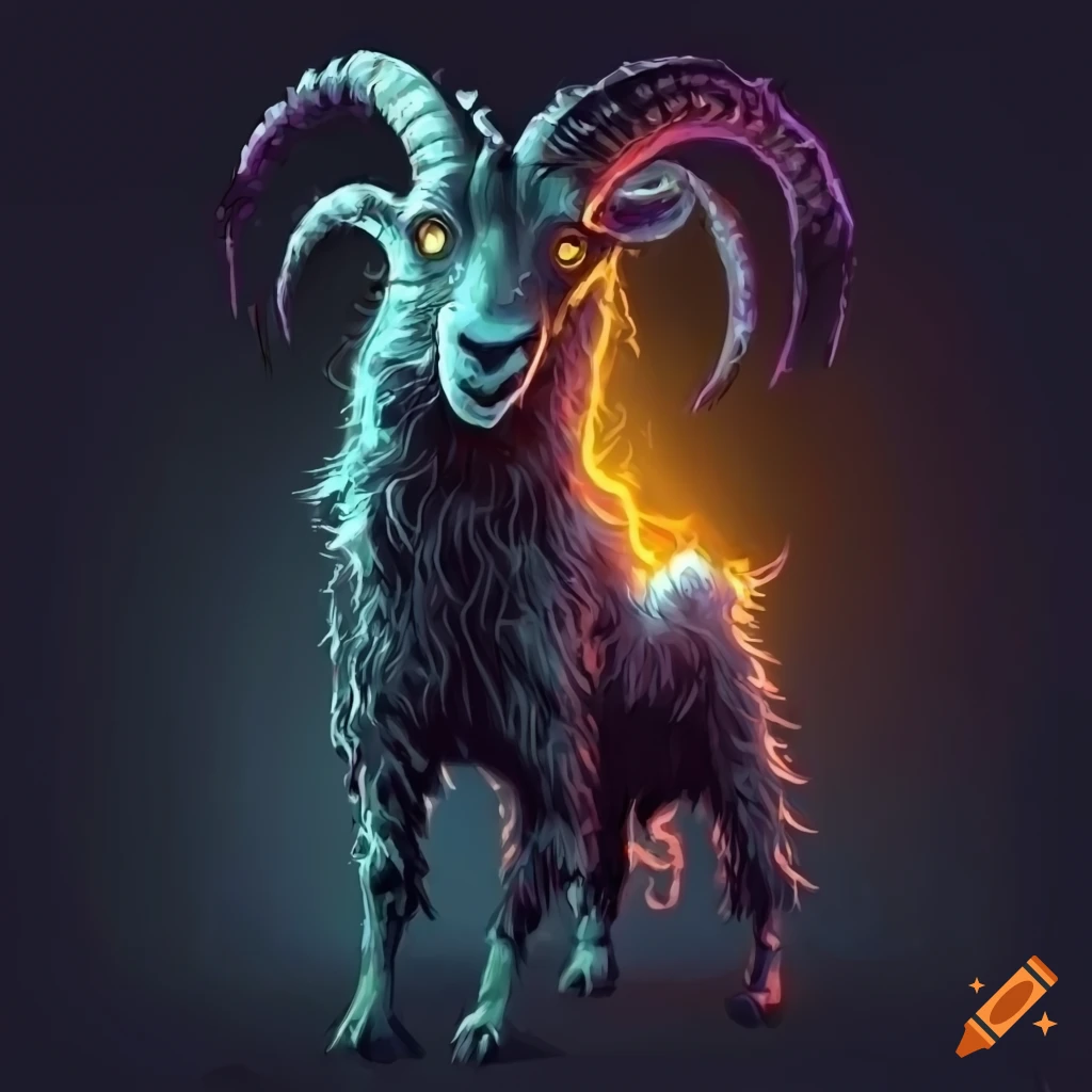 Goat with glowing eyes in Lovecraft art style on Craiyon