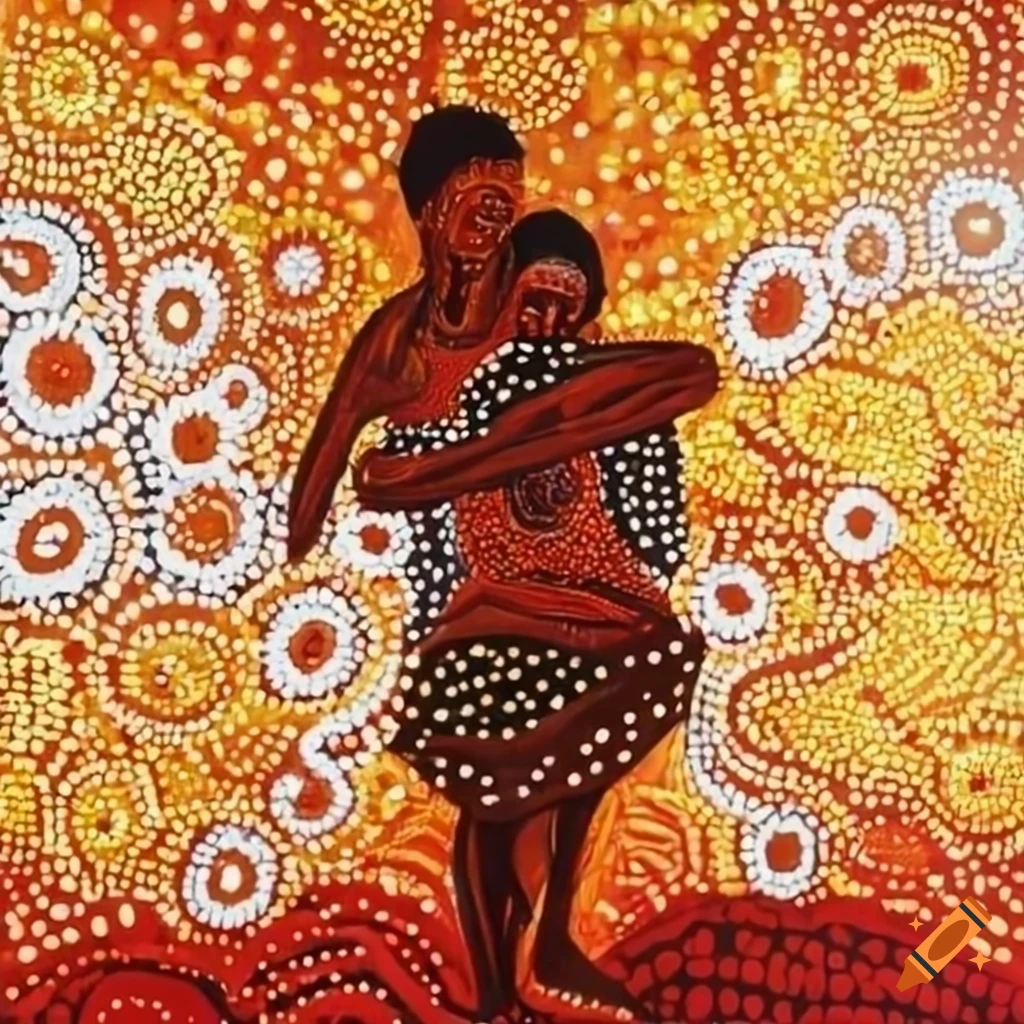 Aboriginal art of a man carrying a woman on Craiyon